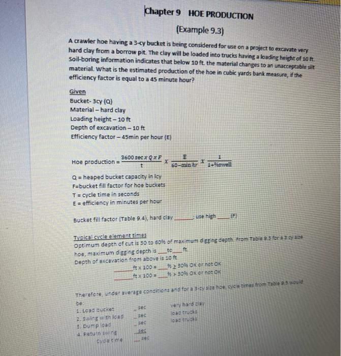 Solved Chapter 9 HOE PRODUCTION (Example 9.3) A Crawler hoe | Chegg.com