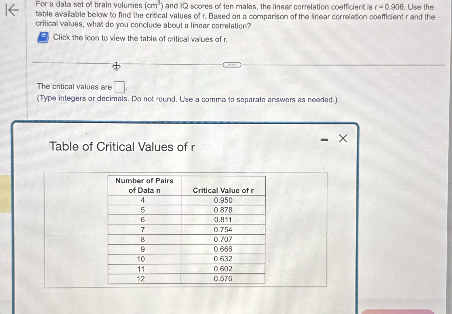 Solved For a data set of brain volumes (cm3) ﻿and IQ scores | Chegg.com