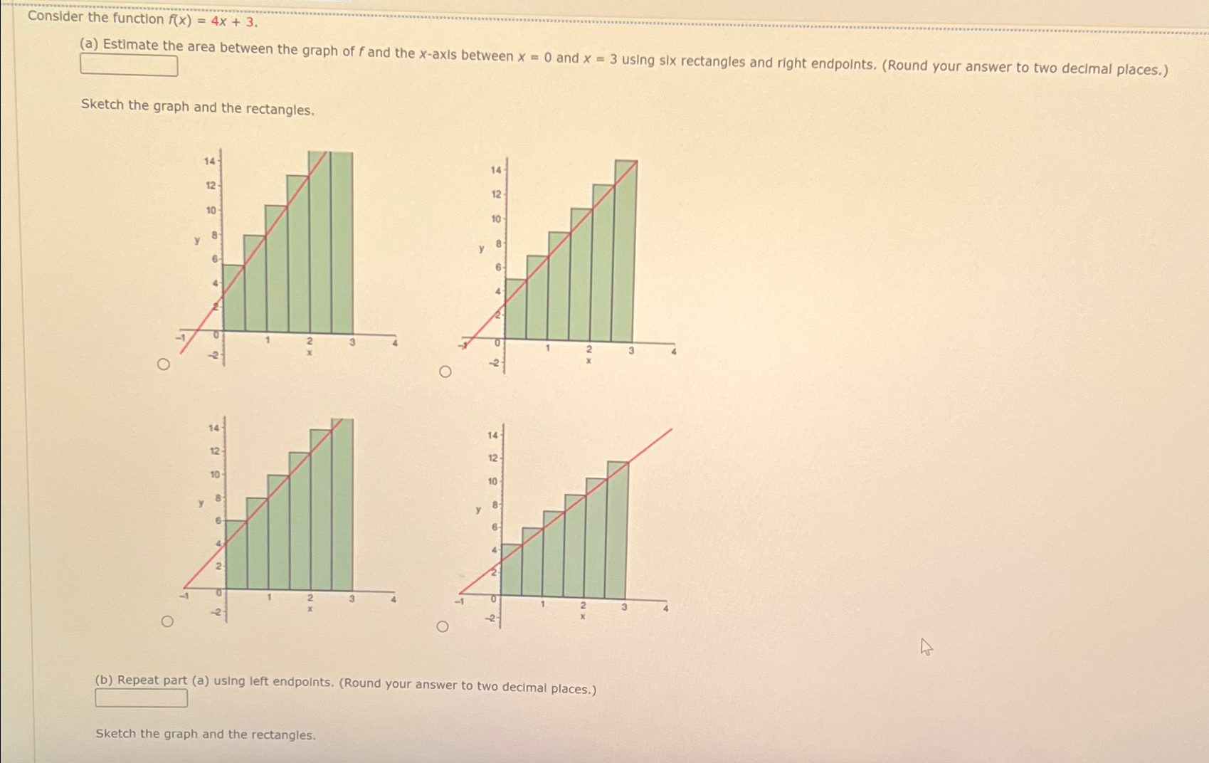 Solved Consider the function f(x)=4x+3(a) ﻿Estimate the area | Chegg.com