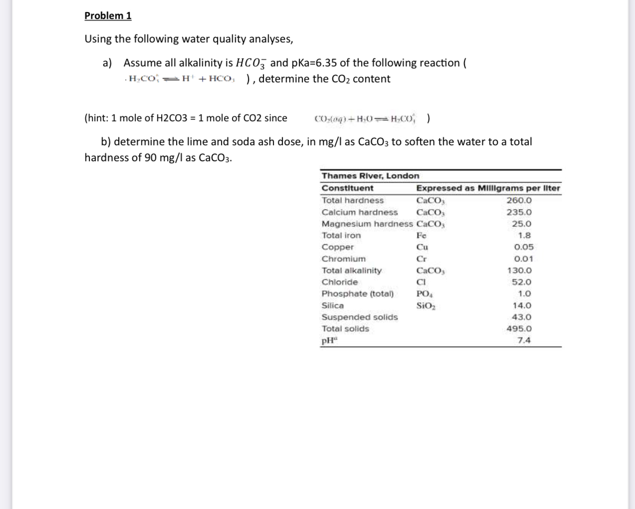 Solved Problem 1Using the following water quality | Chegg.com
