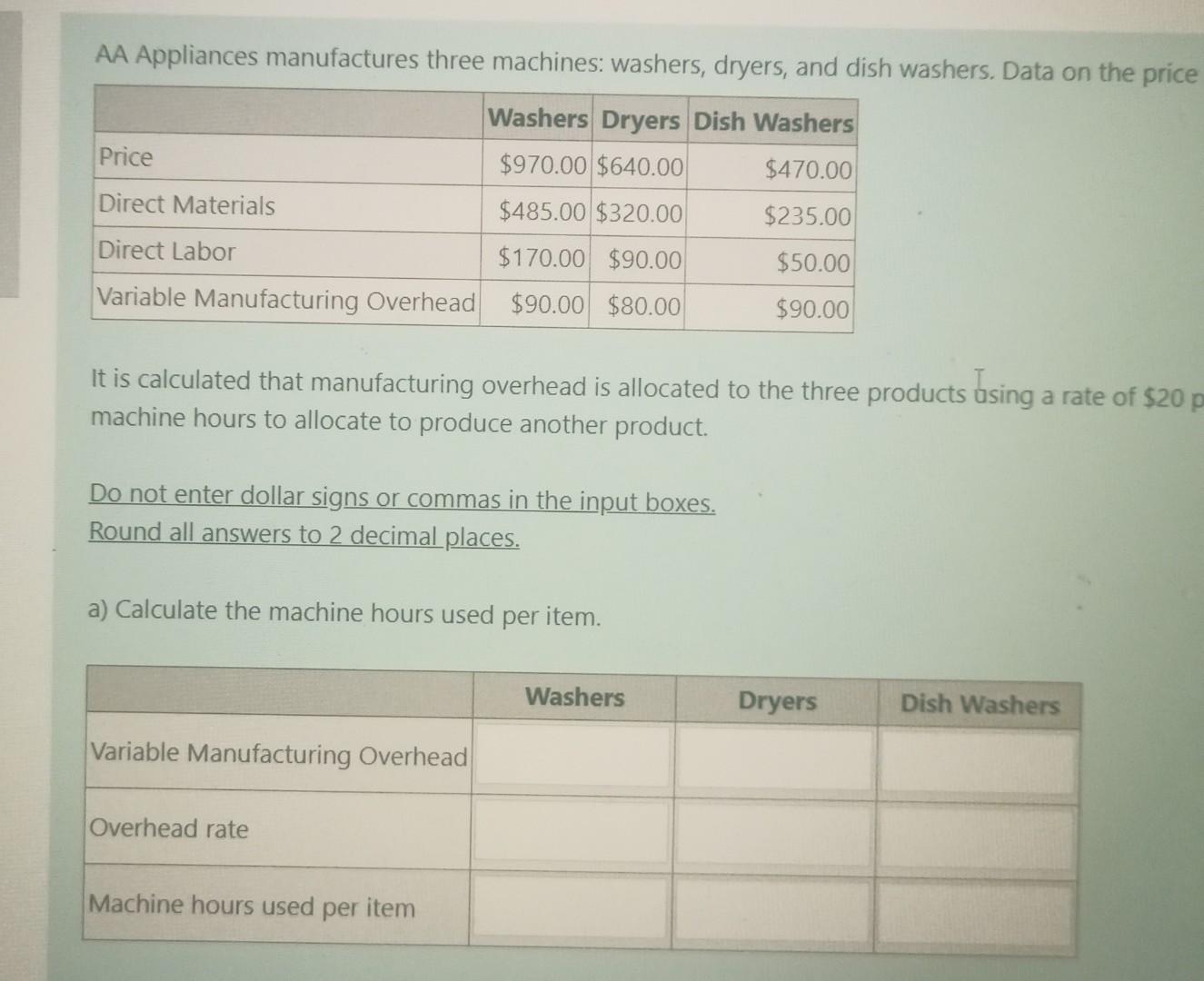 Solved AA Appliances manufactures three machines: washers, | Chegg.com