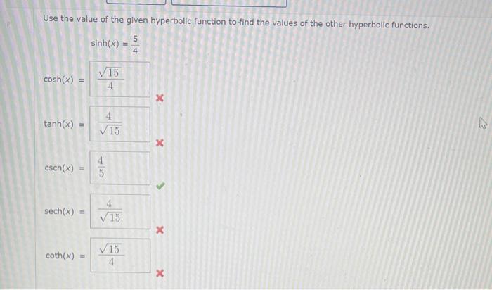 Solved Use the value of the given hyperbolic function to | Chegg.com