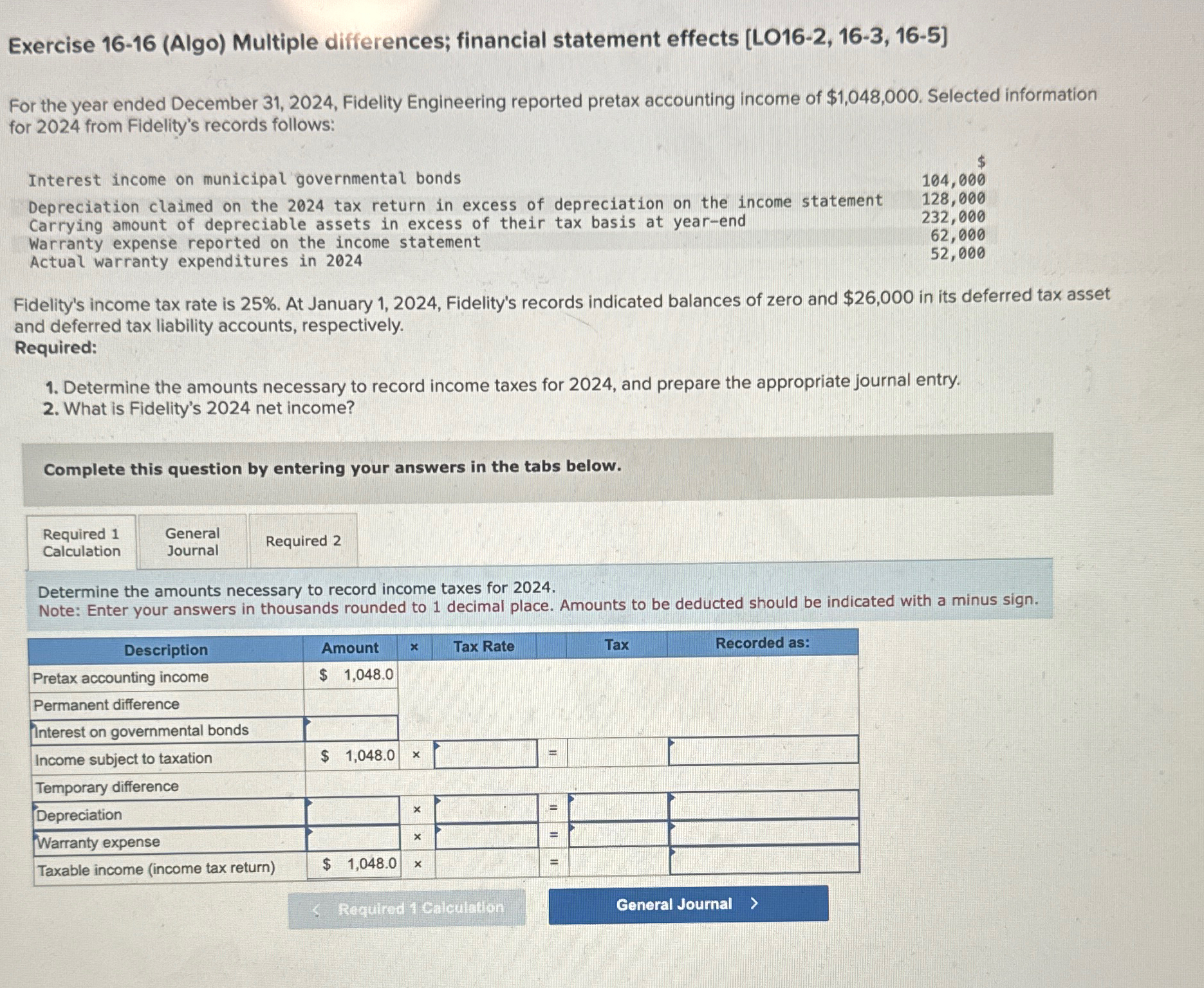 Solved Exercise 16-16 (Algo) ﻿Multiple differences; | Chegg.com