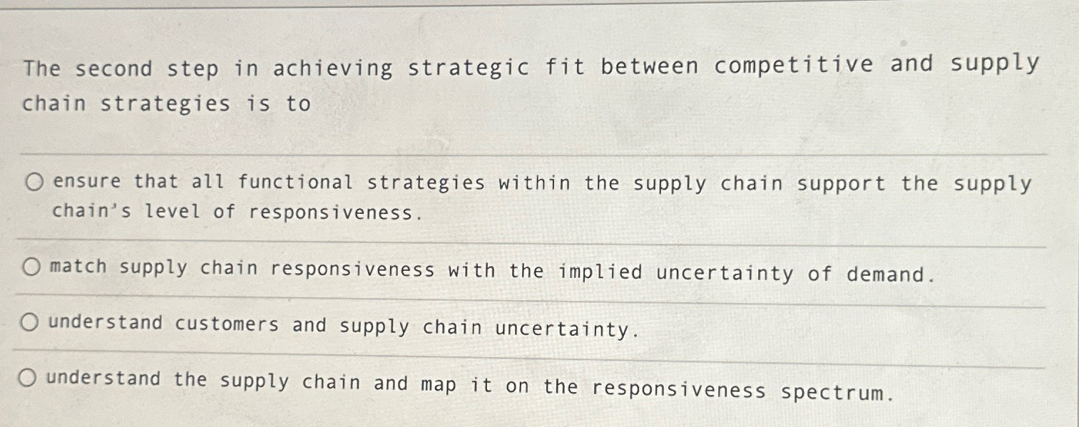 Solved The second step in achieving strategic fit between | Chegg.com