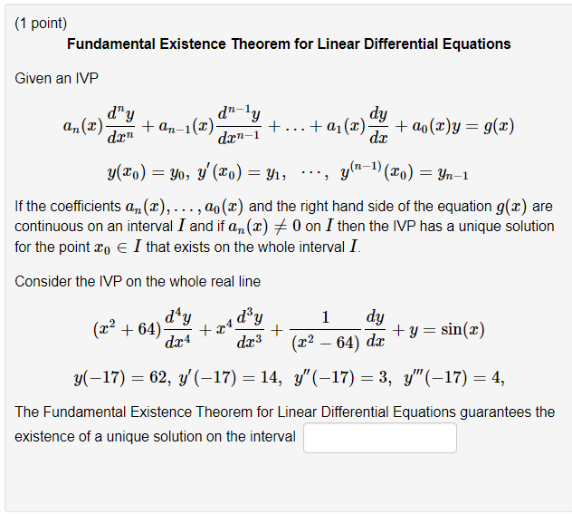 Solved (1 ﻿point)Fundamental Existence Theorem for Linear | Chegg.com