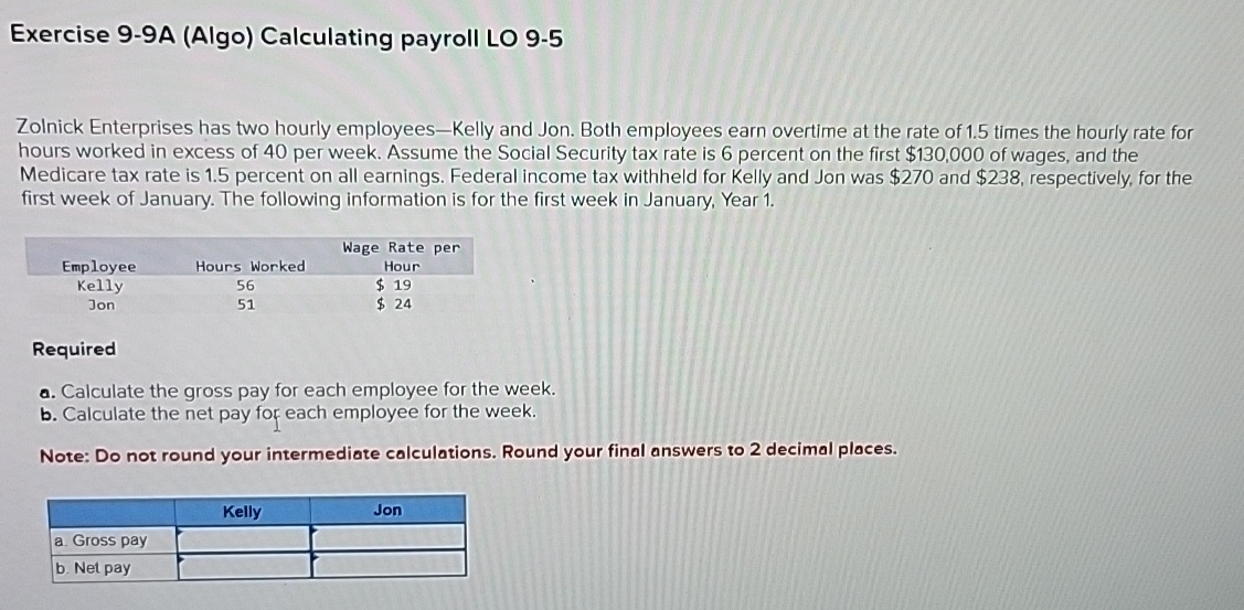 Exercise 9-9A (Algo) ﻿Calculating payroll LO | Chegg.com