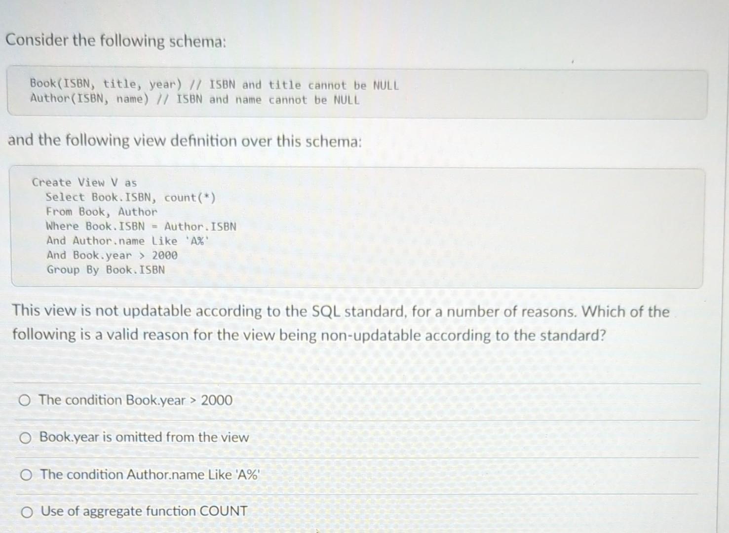 Solved Consider the following schema: Book(ISBN, title, | Chegg.com