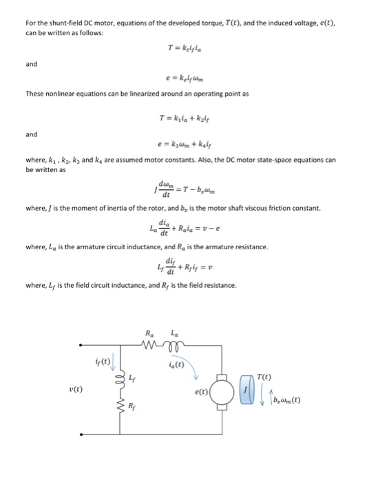 Solved For the shunt-field DC motor, equations of the | Chegg.com