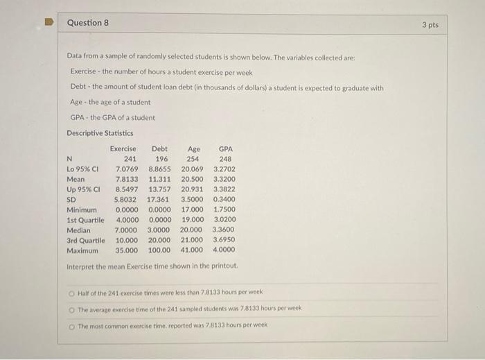 Solved Question 8 3 pts Data from a sample of randomly | Chegg.com