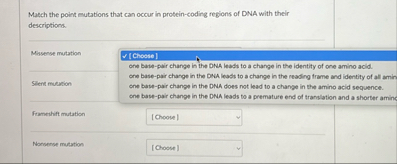 Solved Match the point mutations that can occur in | Chegg.com