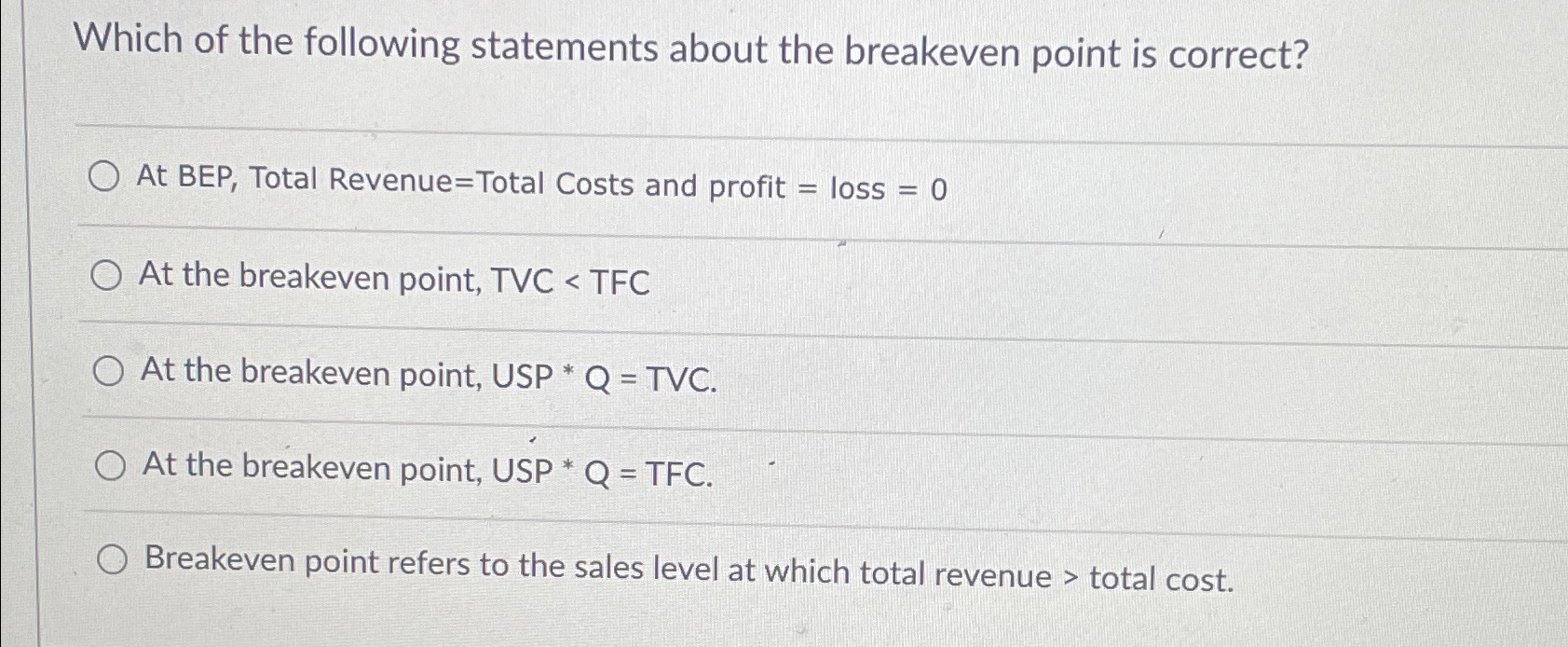 Solved Which of the following statements about the breakeven | Chegg.com