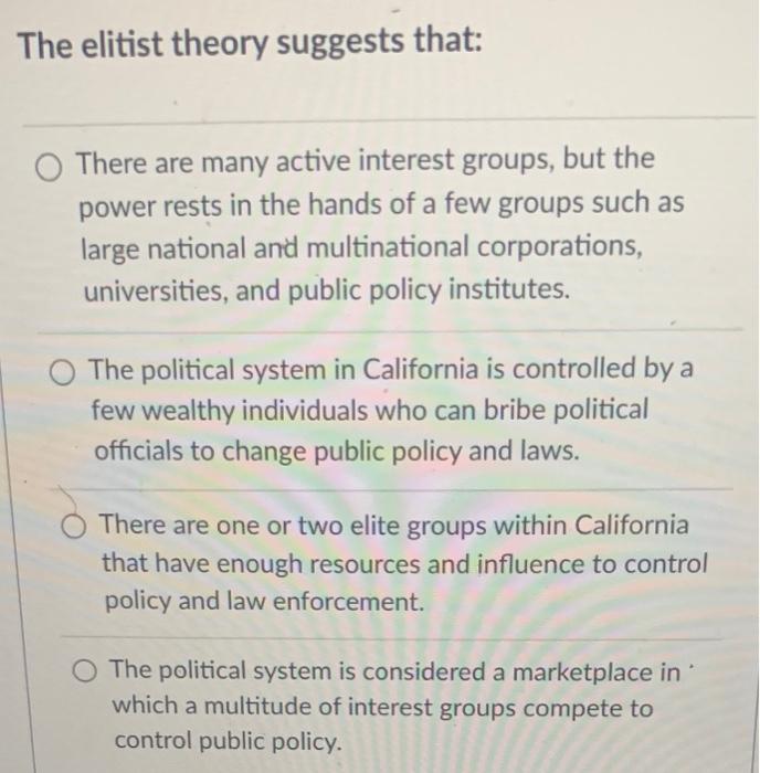 Solved The elitist theory suggests that: There are many | Chegg.com