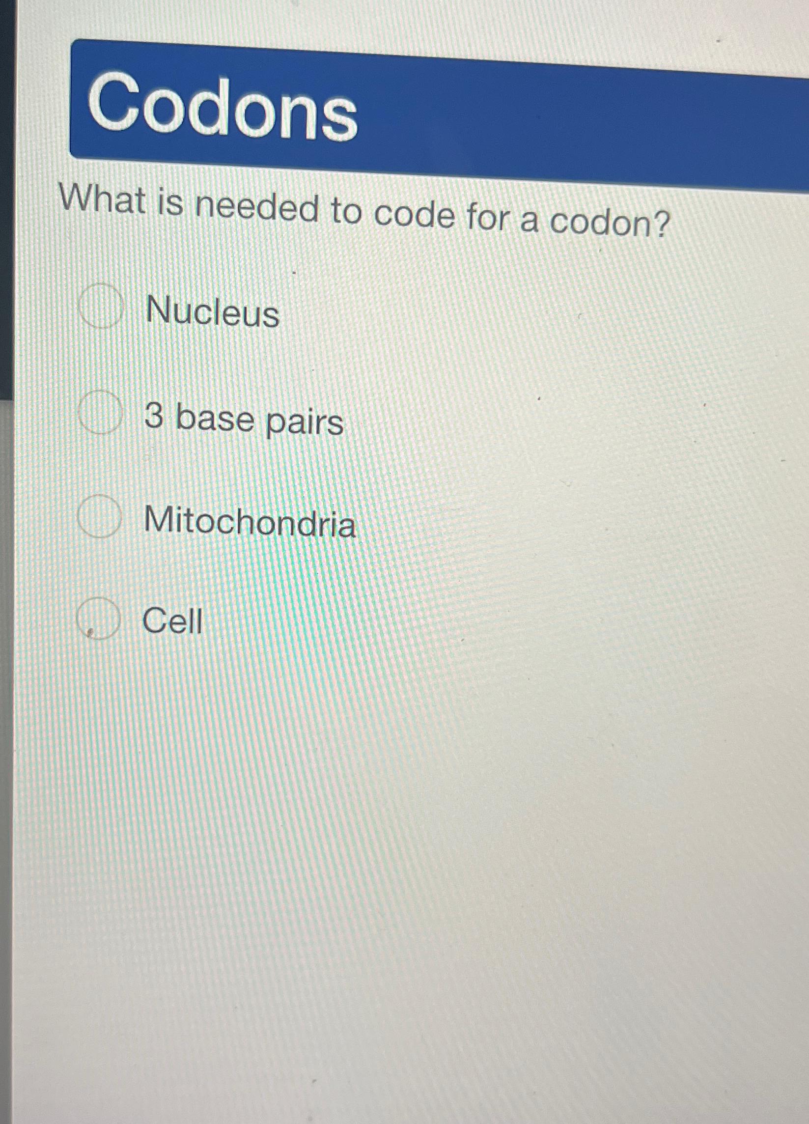 Solved CodonsWhat is needed to code for a codon?Nucleus3 | Chegg.com