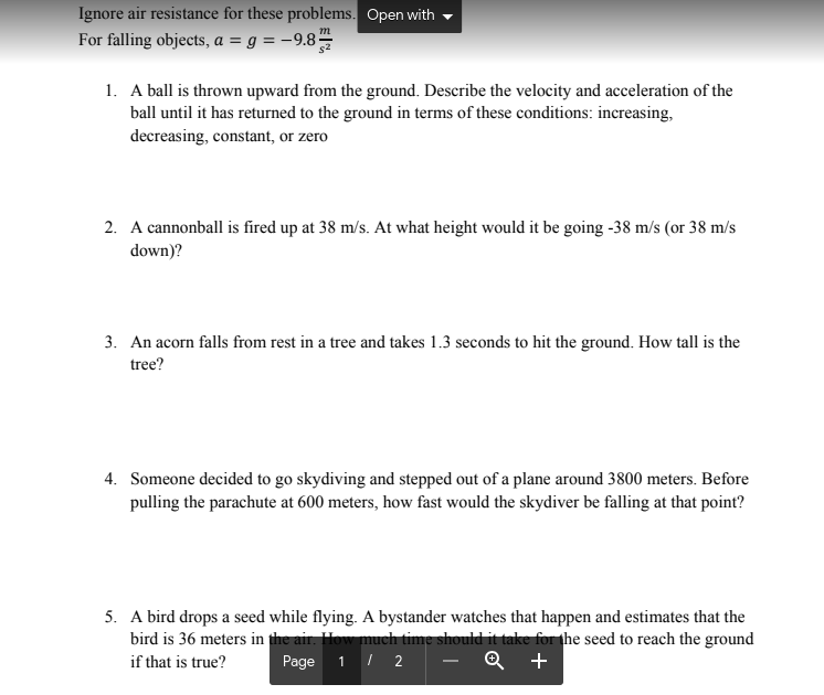 Solved Ignore air resistance for these problemsFor falling | Chegg.com
