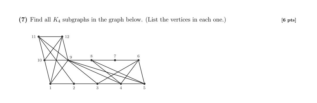 Solved (7) Find all K4 subgraphs in the graph below. (List | Chegg.com