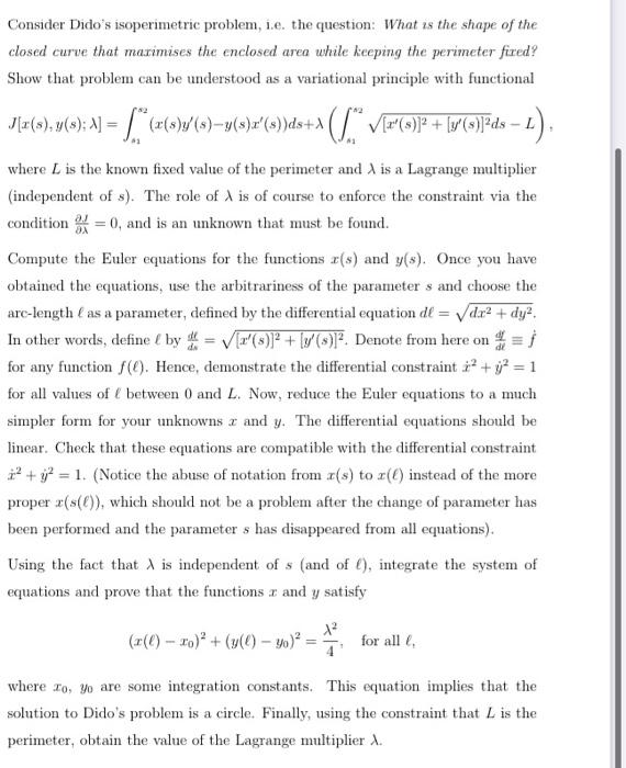 Solved Consider Dido's isoperimetric problem, i.e. the | Chegg.com