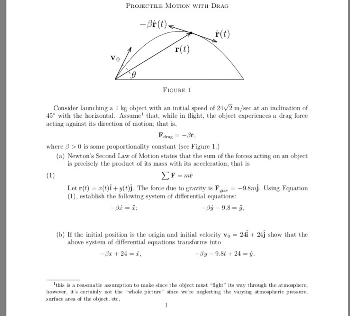 Solved PROJECTILE MOTION WITH DRAG Br (t) r(t) r(t) Vo | Chegg.com