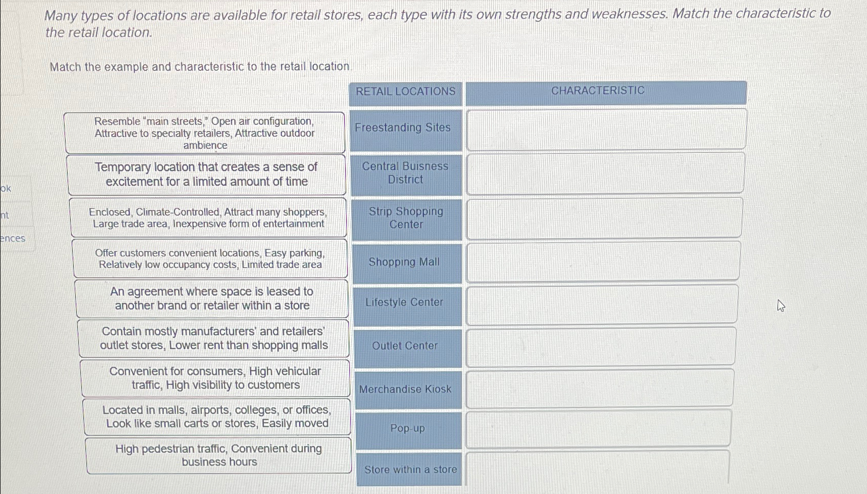 Solved Many types of locations are available for retail | Chegg.com