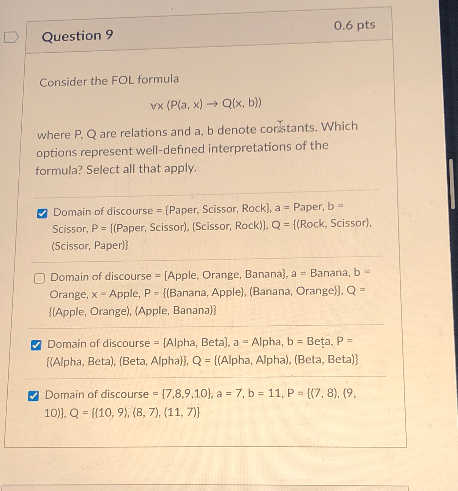 Solved Question 90.6 ﻿ptsConsider the FOL | Chegg.com