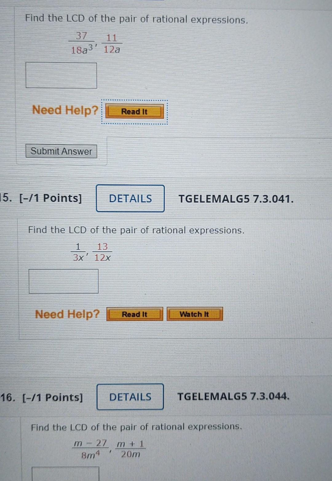 Solved Find the LCD of the pair of rational expressions. 37 | Chegg.com