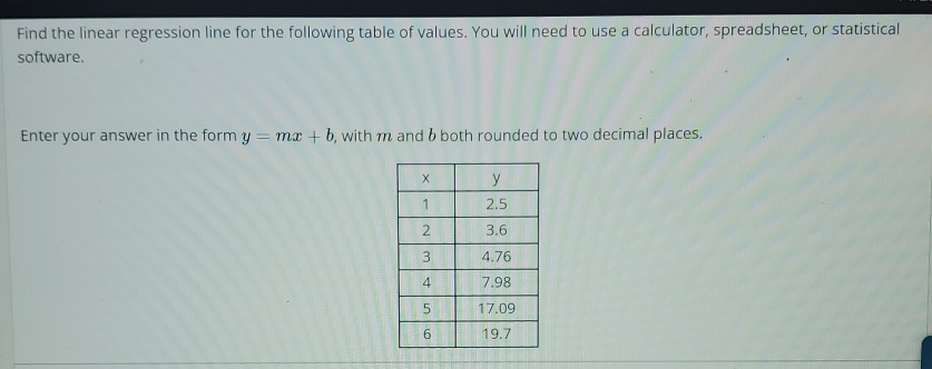Solved Find the linear regression line for the following | Chegg.com