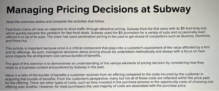 Solved Managing Pricing Decisions at Subway Read the | Chegg.com