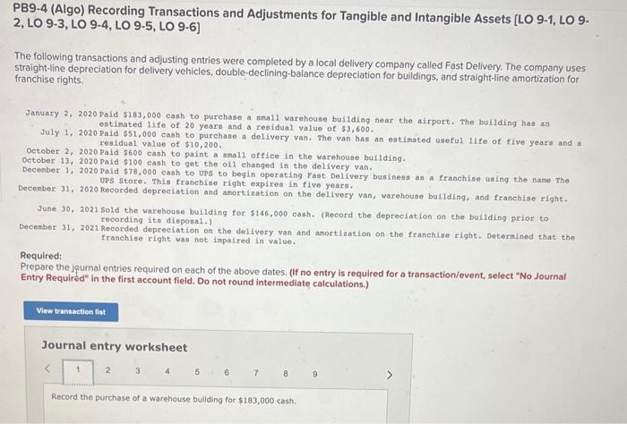 Solved PB9-4 (Algo) Recording Transactions and Adjustments | Chegg.com