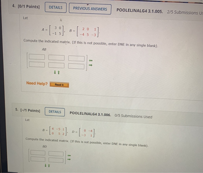 Solved 4. [0/1 Points] DETAILS PREVIOUS ANSWERS POOLELINALG4 | Chegg.com
