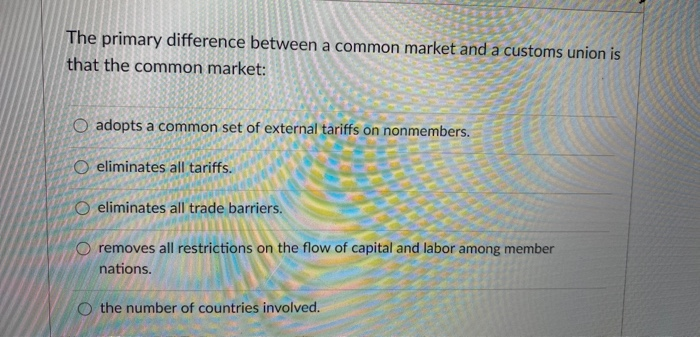 Solved The primary difference between a common market and a | Chegg.com