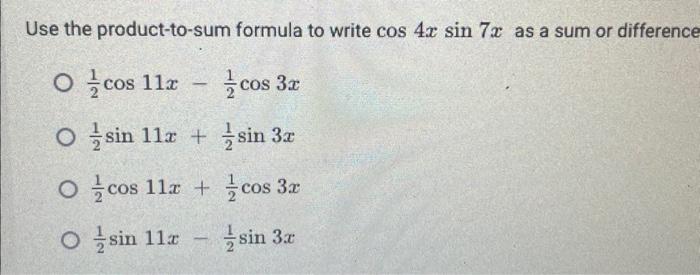 Solved Use the product-to-sum formula to write \\( \\cos 4 x | Chegg.com