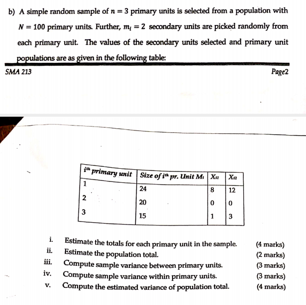 Solved b) A simple random sample of n = 3 primary units is | Chegg.com