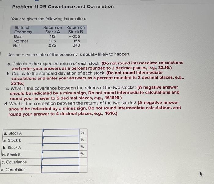 Solved Problem 11-25 Covariance and Correlation You are | Chegg.com