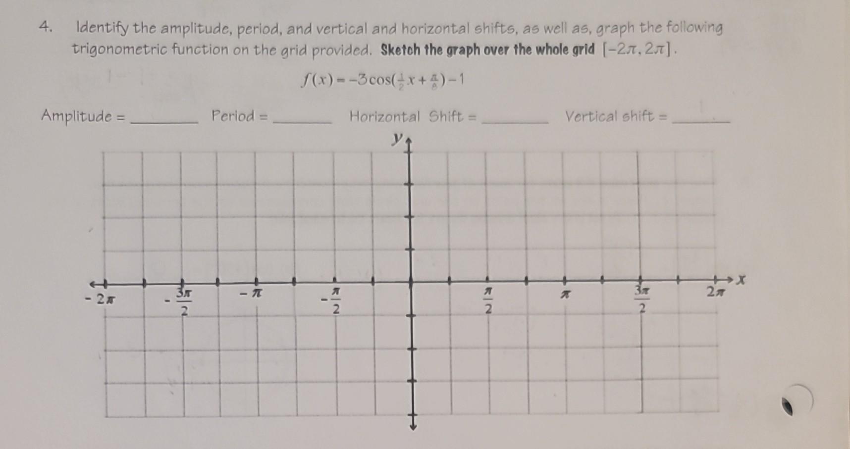 Solved Identify the amplitude, period, and vertical and | Chegg.com