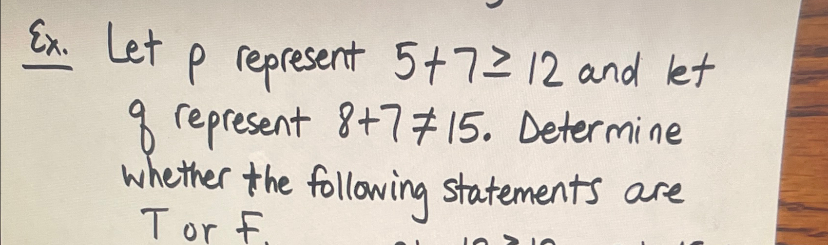 Solved Ex. ﻿Let p ﻿represent 5+7≥12 ﻿and let q represent | Chegg.com