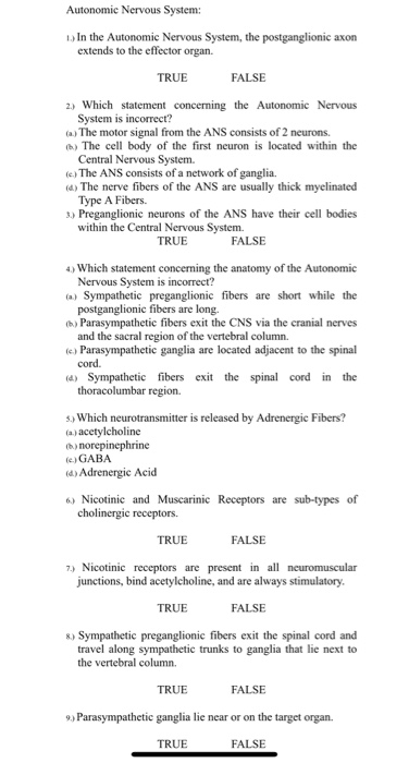 Solved Autonomic Nervous System: t In the Autonomic Nervous | Chegg.com