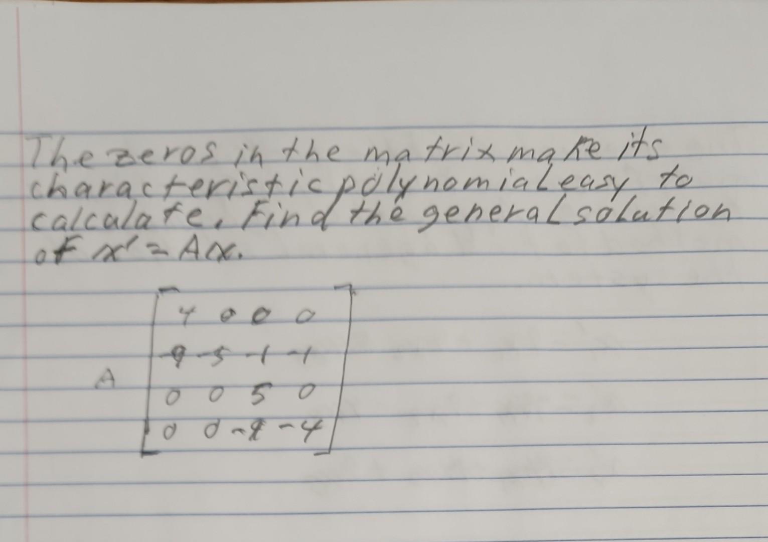 Solved The zeros in the matrix mate its characteristic | Chegg.com