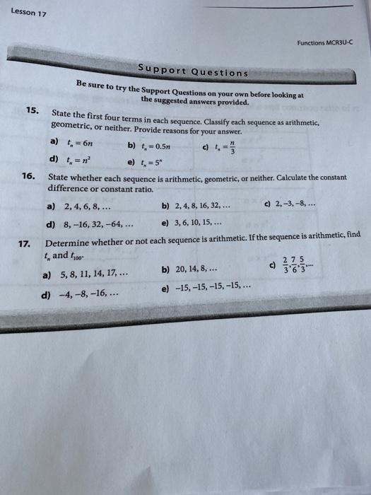Solved Lesson 17 Functions MCR3U-C 15. Support Questions Be | Chegg.com