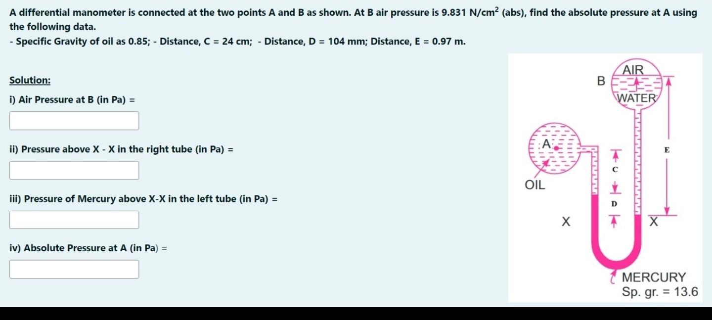 Solved A differential manometer is connected at the two | Chegg.com