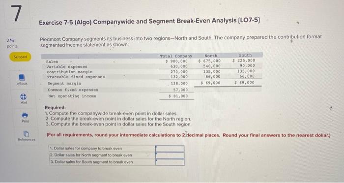 Solved Exercise 7-5 (Algo) Companywide and Segment | Chegg.com