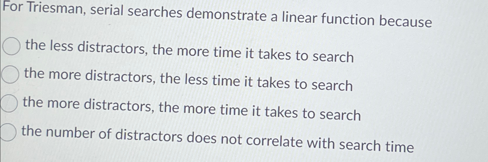 Solved For Triesman, serial searches demonstrate a linear | Chegg.com