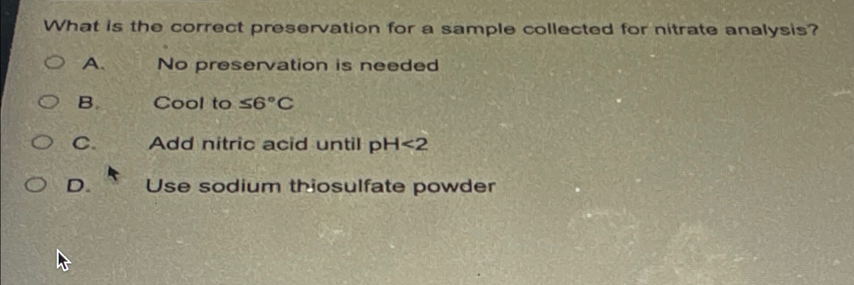 Solved What is the correct preservation for a sample | Chegg.com