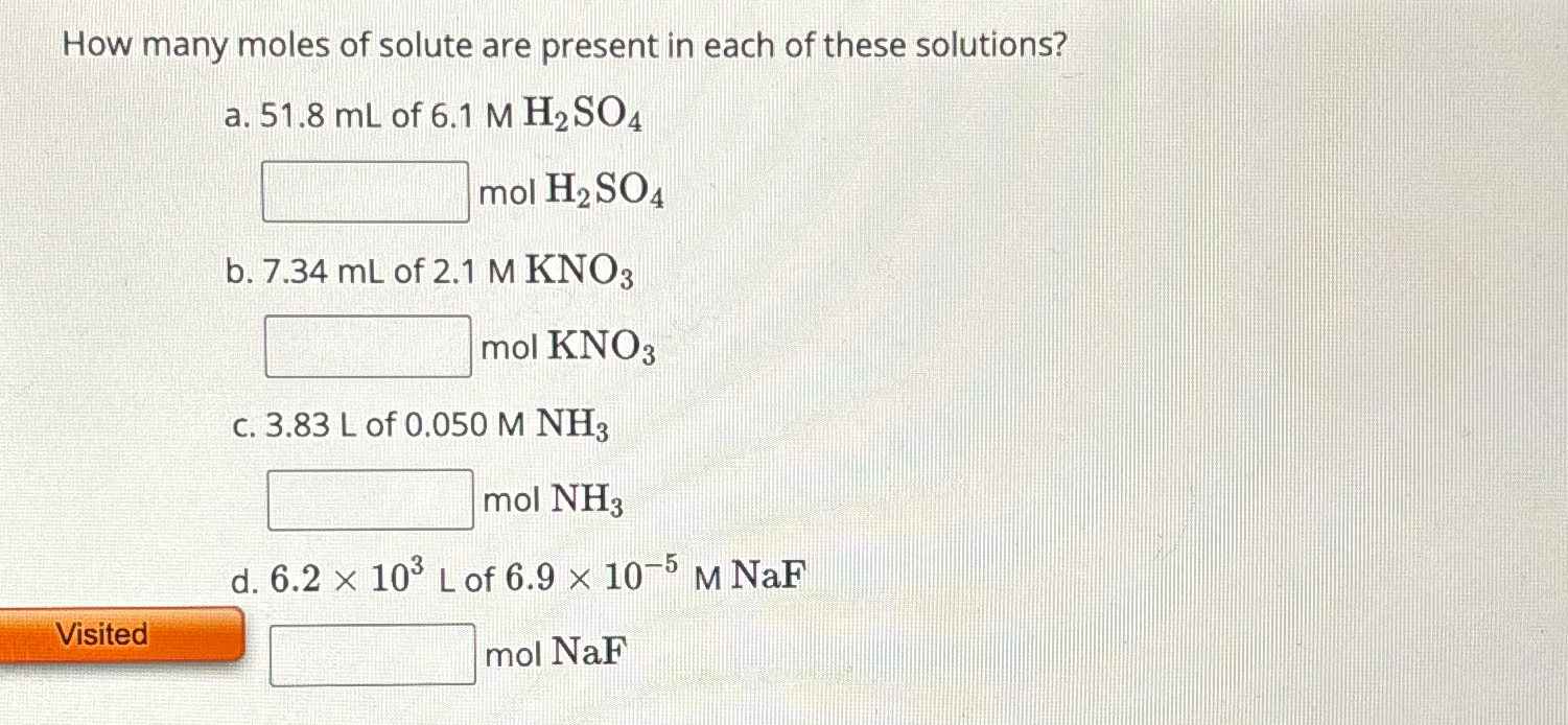 Solved How many moles of solute are present in each of these | Chegg.com