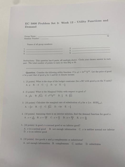 Solved EC 5000 Problem Set 3: Week 12 - Utility Functions | Chegg.com