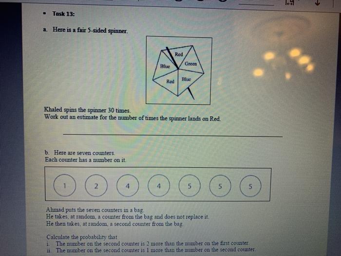 Solved Task 13: a. Here is a fair 5-sided spinner. Red Green | Chegg.com