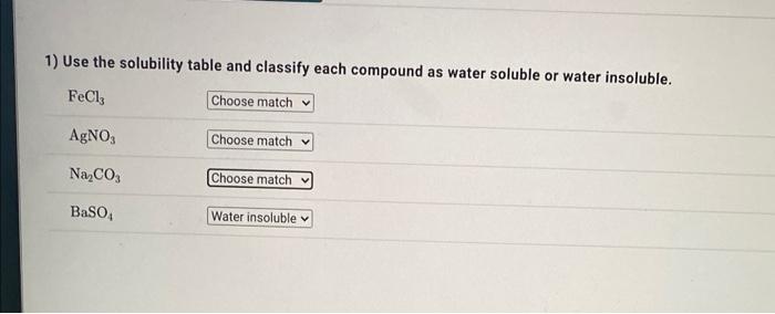 Solved 1) Use the solubility table and classify each | Chegg.com