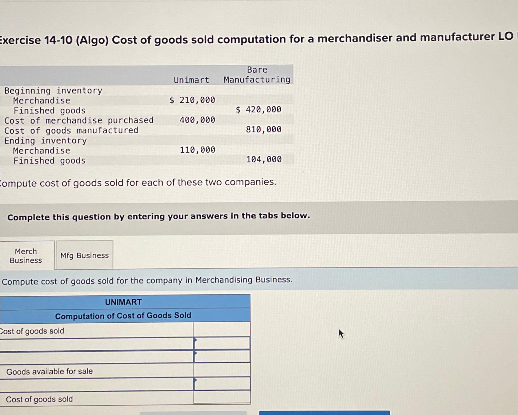 Solved Exercise 14-10 (Algo) ﻿Cost of goods sold computation | Chegg.com