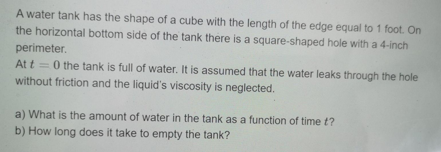 Solved A water tank has the shape of a cube with the length | Chegg.com