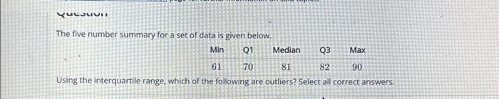 Solved The five number summary for a set of data is given | Chegg.com