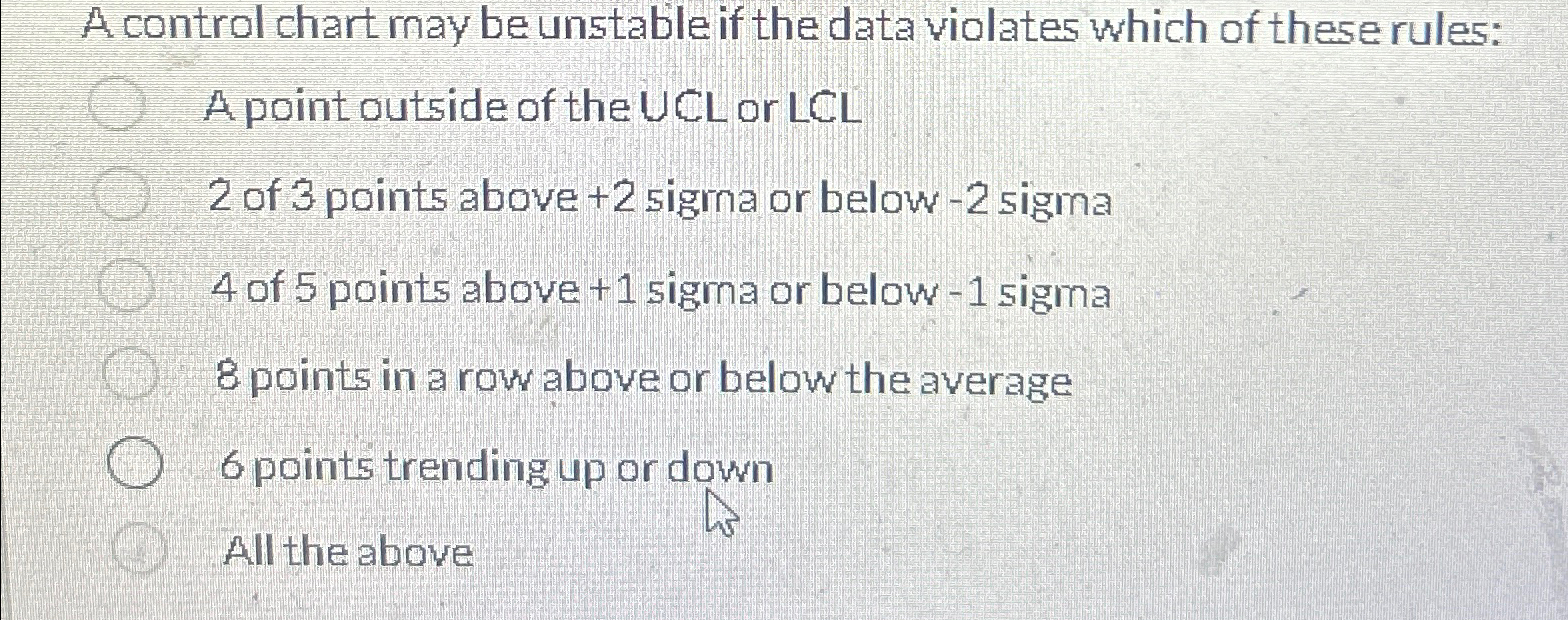Solved A control chart may be unstable if the data violates | Chegg.com Solved A control chart may be unstable if the data violates | Chegg.com
