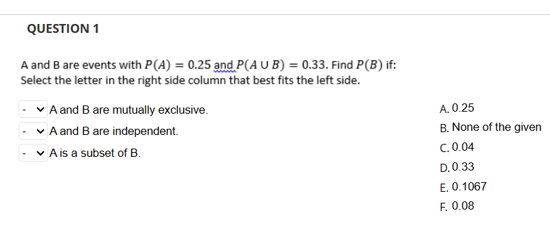 Solved QUESTION 1A and B ﻿are events with P(A)=0.25 ﻿and | Chegg.com